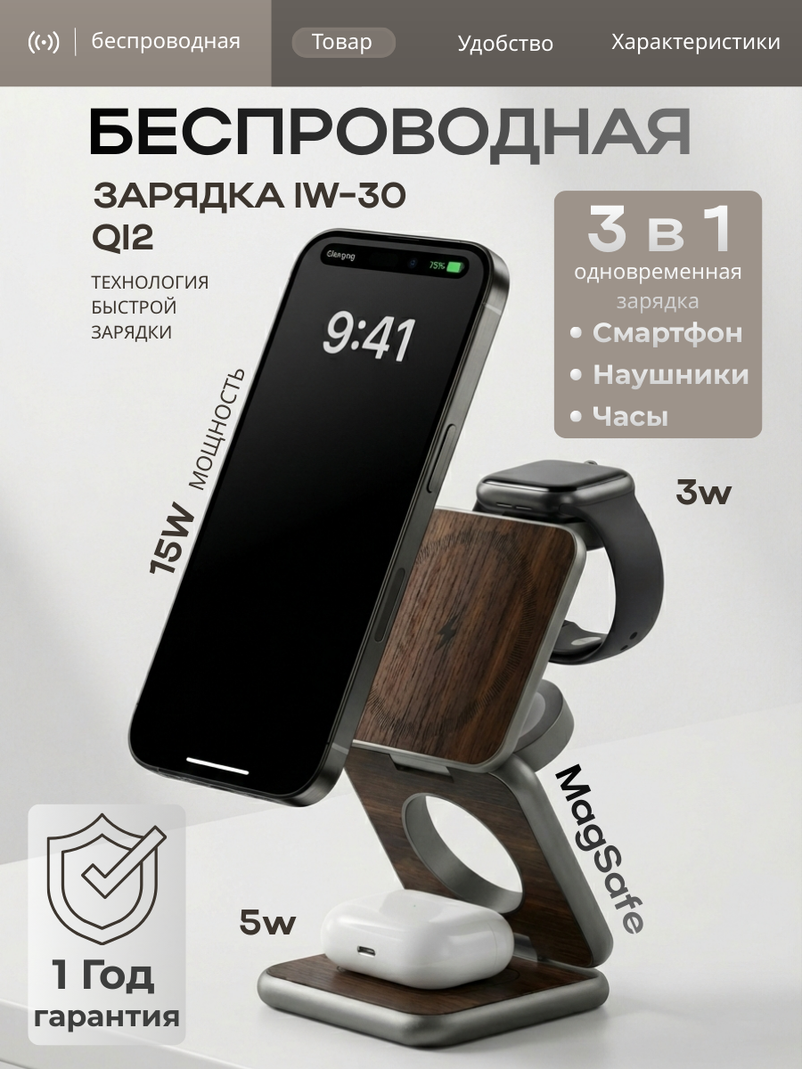 Беспроводная зарядная станция 3 в 1 для iPhone, магнитная док-станция MagSafe, зарядка 23W, Стандарт Qi2 / модель iw-30