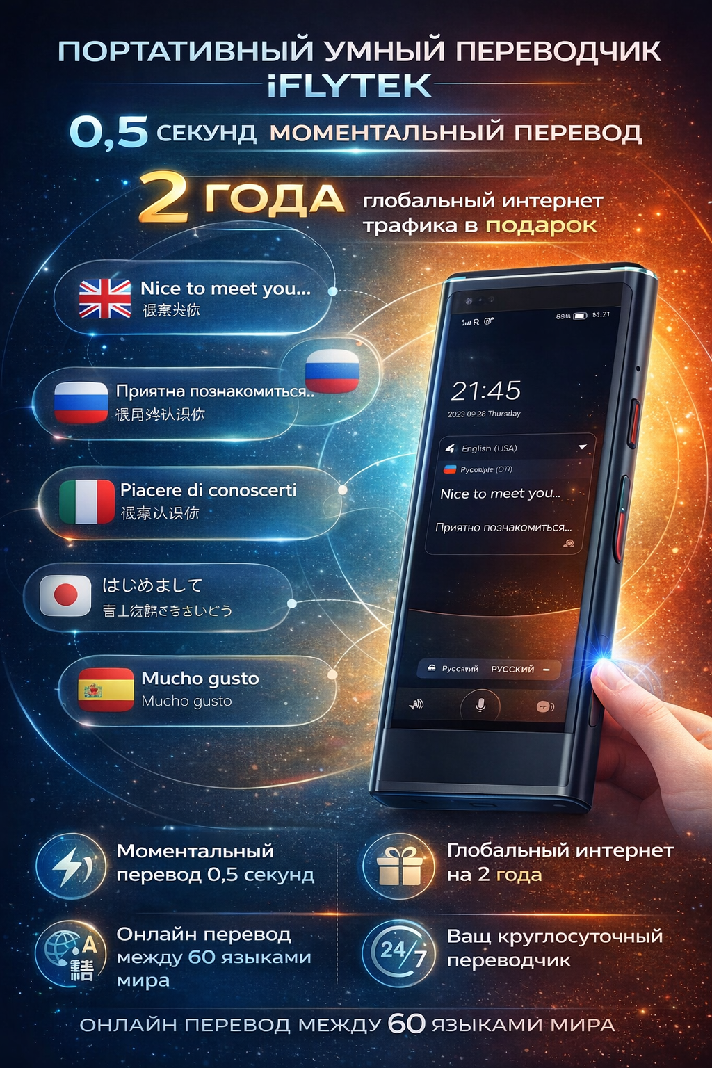 Переводчик-смартфон iFLYTEK "Smart 4.0", карманный, перевод без ограничений