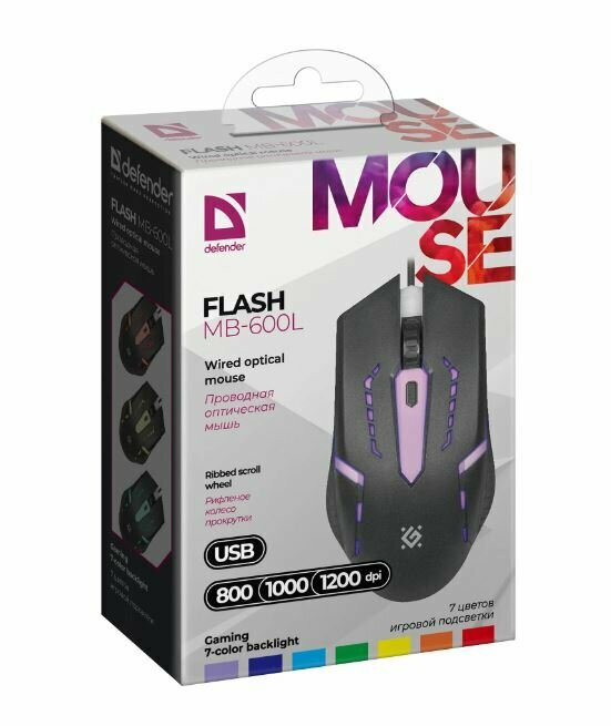 Мышь проводная Defender, MB-600L, Flash, чёрный 52600