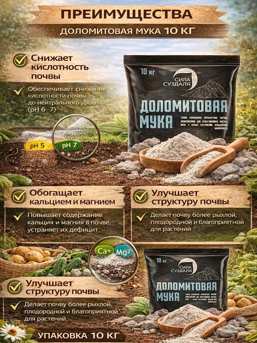 Доломитовая мука удобрение для растений, Сила Суздаля, 10 кг
