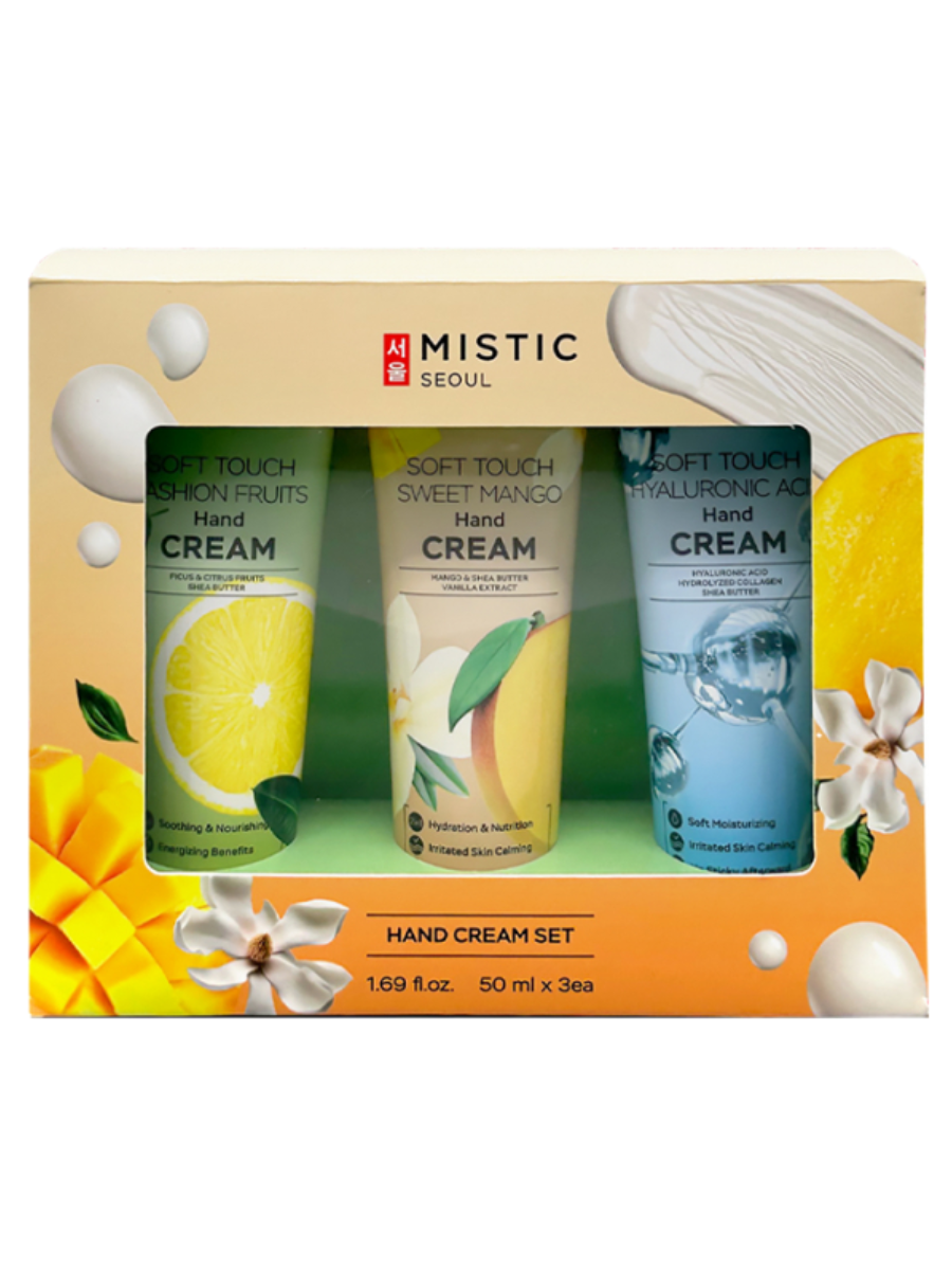MISTIC Набор кремов для рук HAND CREAM SET: манго, фрукты, гиалуроновая кислота, 3 х 50 мл
