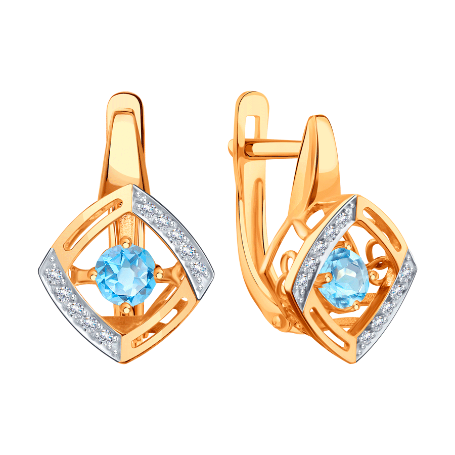 Серьги Diamant online, красное золото, 585 проба, топаз, фианит, длина 1.6 см, , голубой