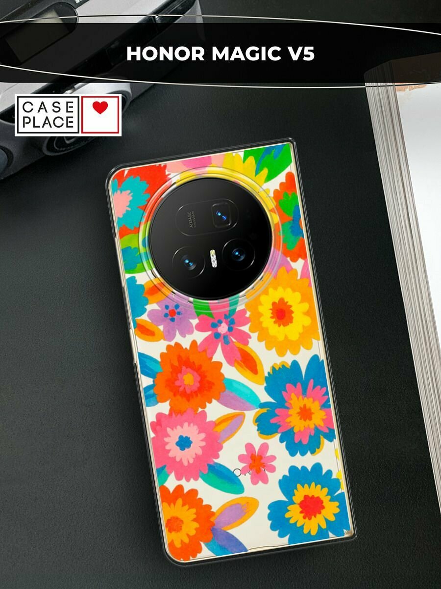 Чехол на Honor Magic V5 / Хонор Мэджик V5 с принтом Абстрактные яркие цветы, прозрачный