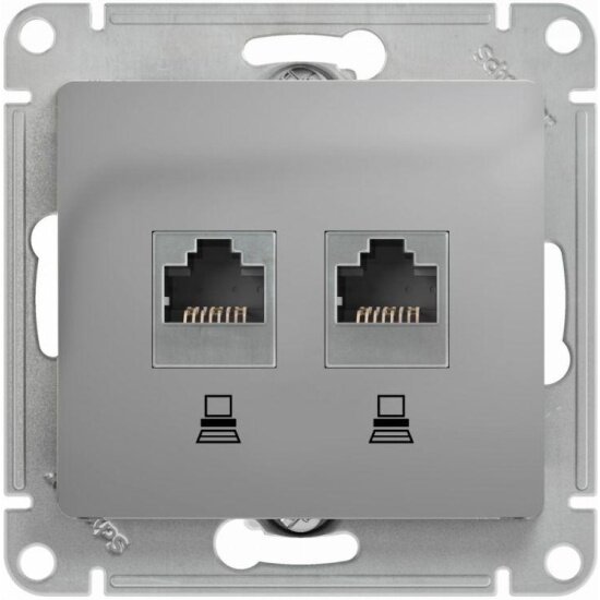 Розетка Systeme Electric (schneider Electric) SCHNEIDER ELECTRIC GLOSSA двойная компьютерная RJ45+RJ45, кат.5E, механизм, алюминий