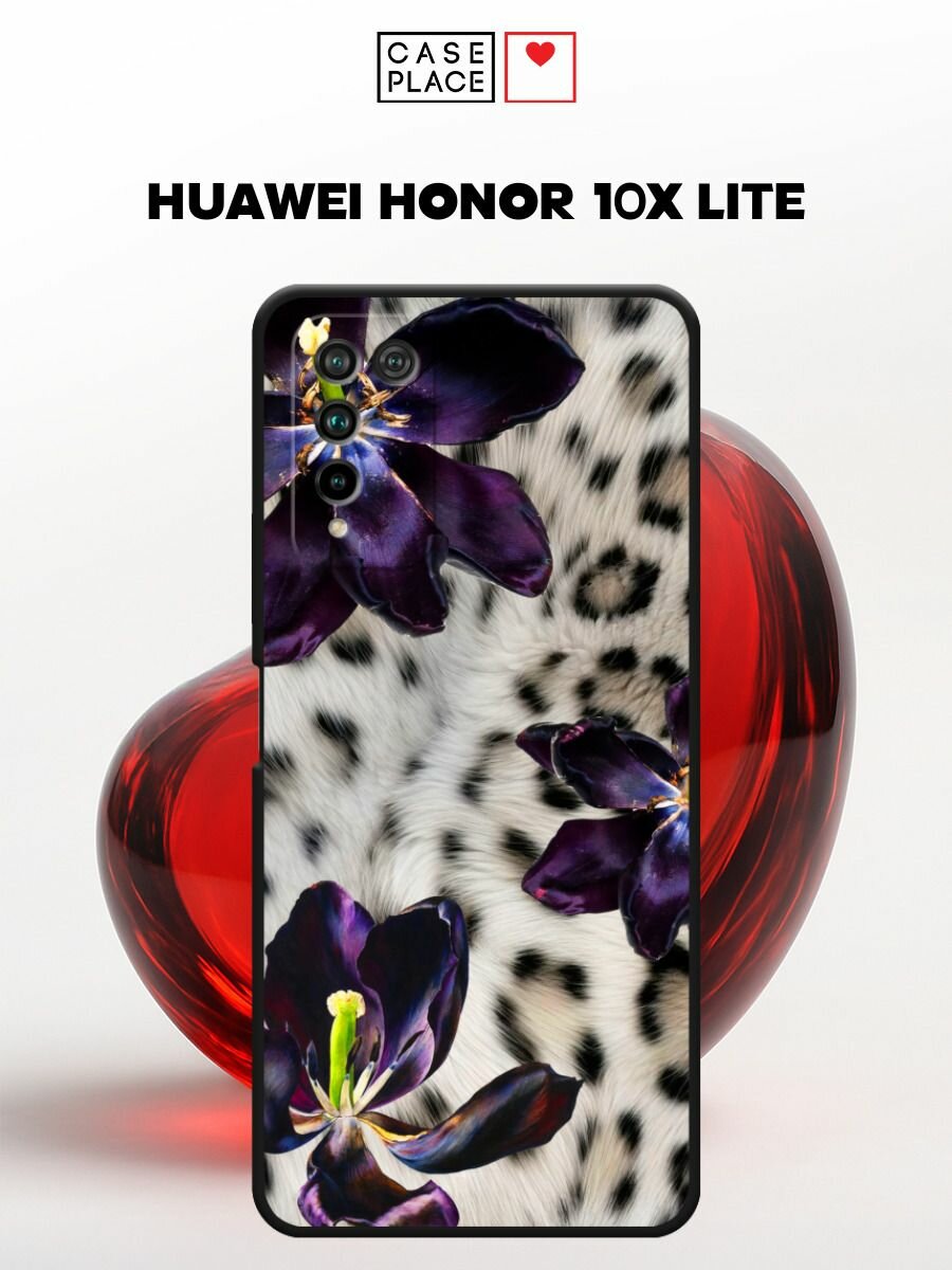 Черный матовый чехол на Honor 10X Lite / Хонор 10Х Лайт с принтом Темные лилии на леопардовом