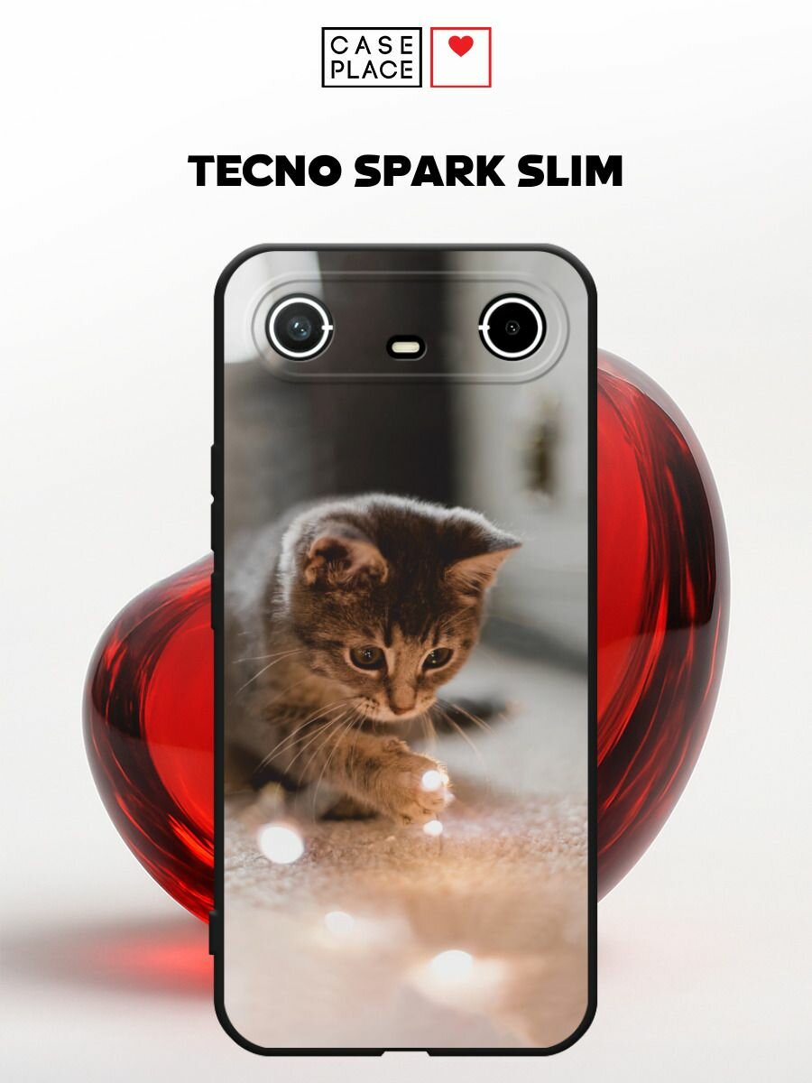 Черный матовый чехол на Tecno Spark Slim / Текно Спарк Слим с принтом Любознательный котенок
