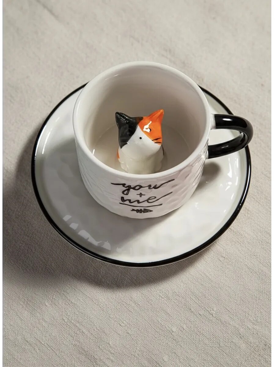 Чайная пара Тепло в руках "Котик" с блюдцем, 250мл, керамика, использование в посудомойке