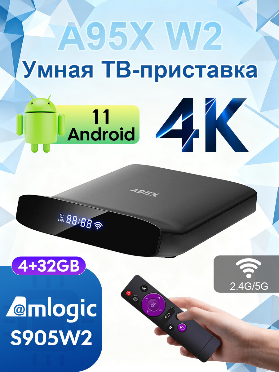 Медиаплеер A95X, Android 11, 4GB/32GB, 100m LAN, двойной Wi-F, BT 5.0