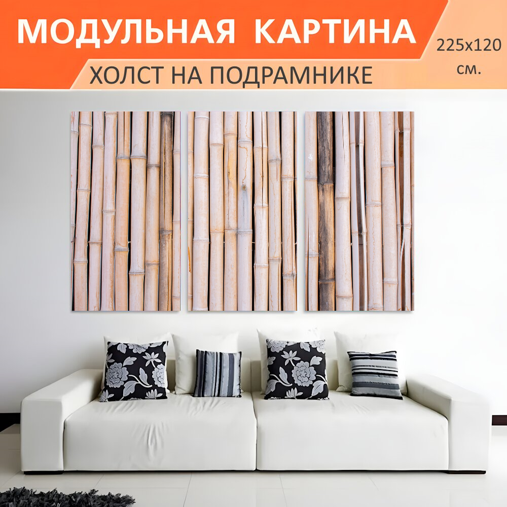 Модульная картина на холсте "Бамбук, тростник, забор" триптих на подрамнике 225х120 см. для интерьера