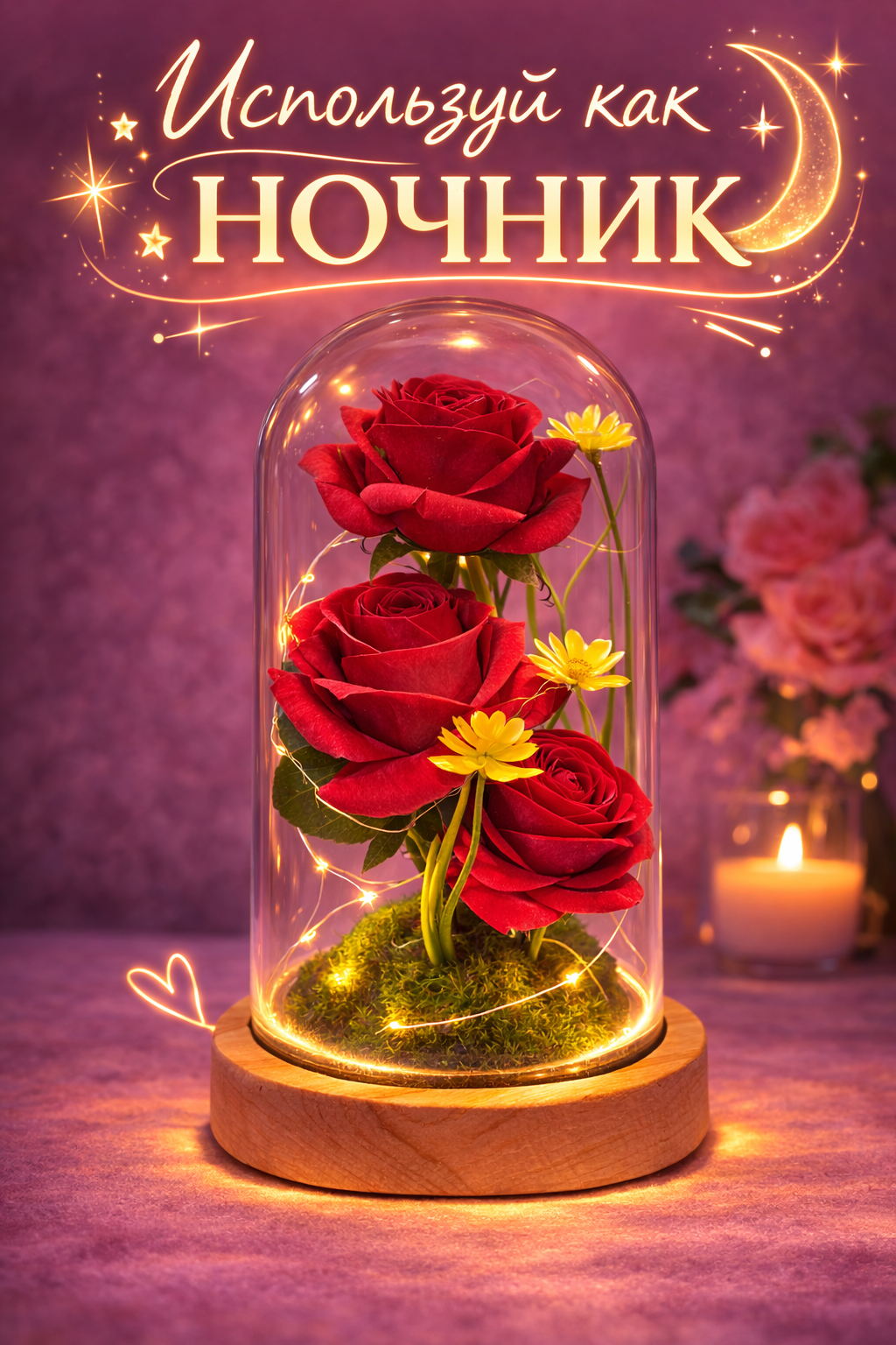 Подарок на 8 марта цветы в интерьер на праздник/ Цветы/ Букет для женщины, девушки, девочки/ Декор и интерьер/ Светильник