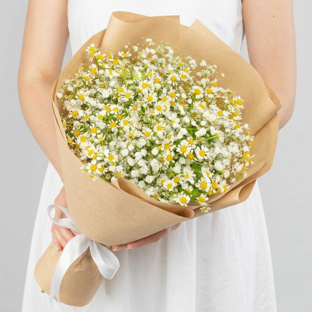 Дуо-букет Мегацвет24 "Гипсофила и Ромашка", белый/кремовый, дизайнерская упаковка