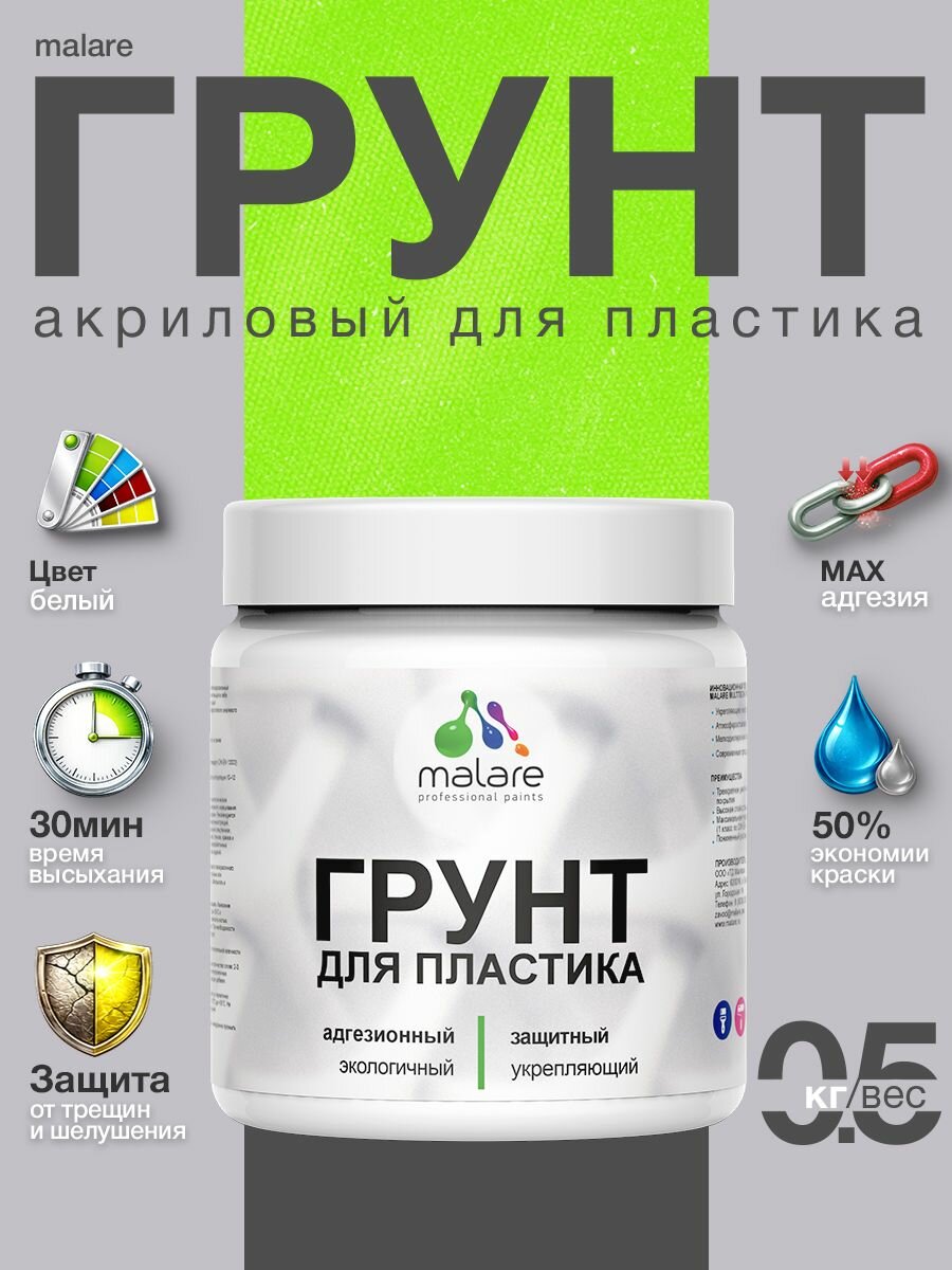 Грунт для пластика Malare акриловый адгезионный, без запаха быстросохнущий, белый, 0.5 кг.