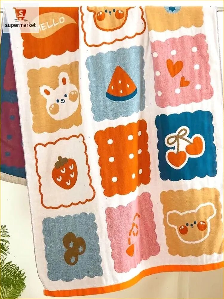 Полотенце для ванной, Хлопок, 75x150 см, кремовый с рисунком животных
