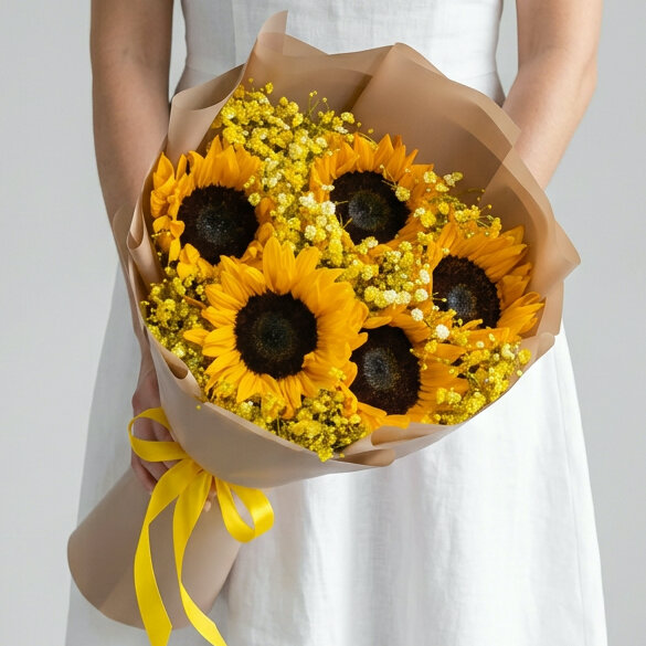 Дуо-букет Мегацвет24 "5 Подсолнухов и Гипсофила", желтый, дизайнерская упаковка