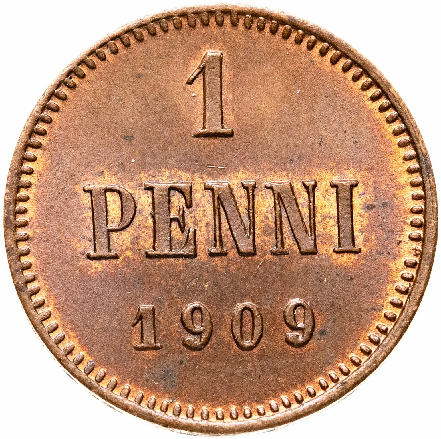 1 пенни penni 1909 Российская Финляндия, Медь, в сохранности AU