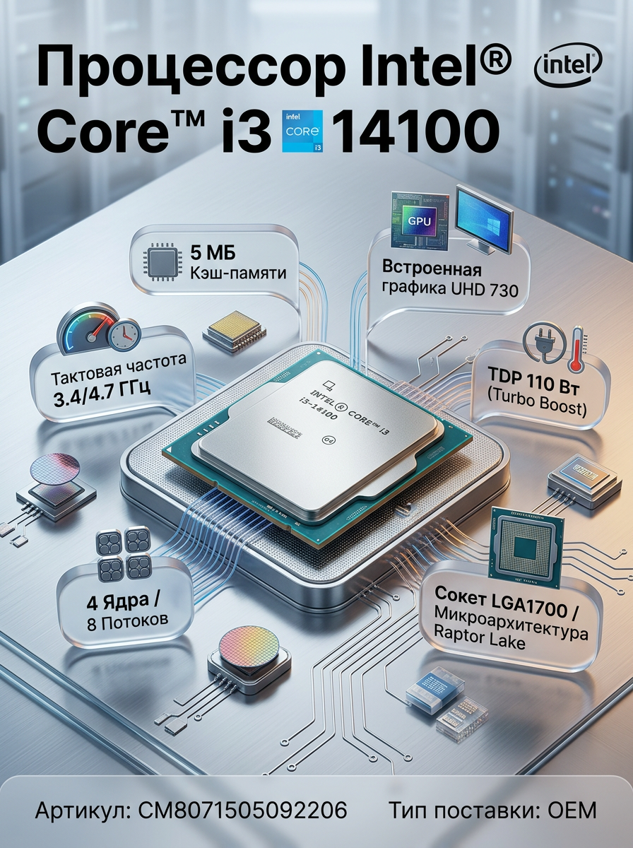 Процессор Intel Core i3-14100 (CPU LGA1700, Raptor Lake, 4C/8T, 3.4/4.7GHz, 5MB, 110W, UHD Graphics 730), CM8071505092206, OEM
