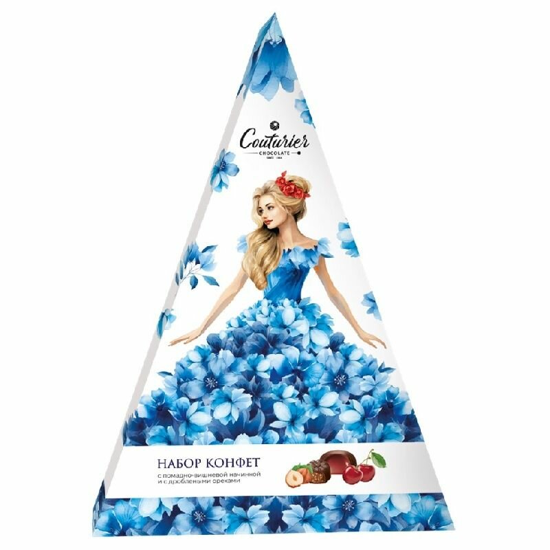 Конфеты COUTURIER "Голубой бархат" шоколадные с помадно-вишневой начинкой и с дроблеными орехами /треуг. упаковка/ 125г