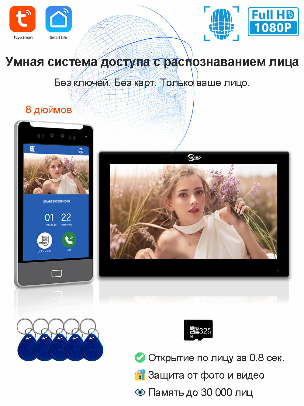 Умный домофон с функцией Face ID 8 дюймов Система контроля доступа по лицу + IP-видеозвонок
