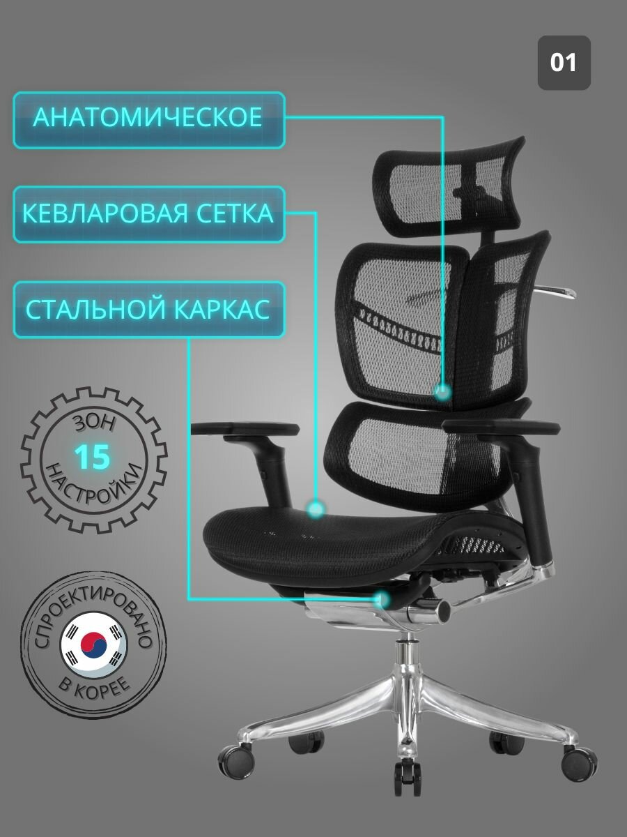 Эргономичное офисное кресло FALTO Fly 2 с 5D подголовником - черное (каркас черный), арт. HFYM01-BK-5D-6D