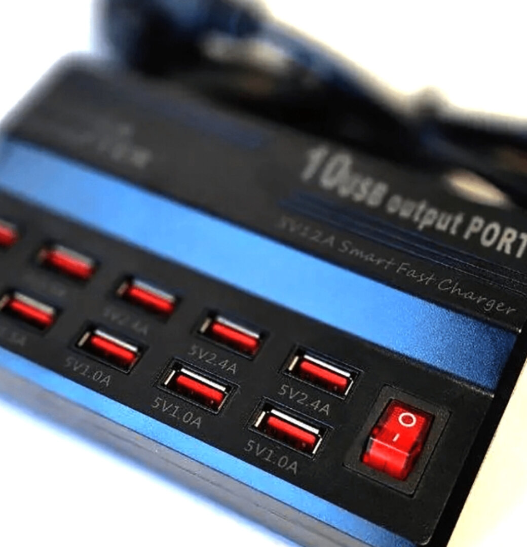 Зарядная станция на 10 портов USB - мощный usb хаб с выключателем, зарядка для телефонов и планшетов