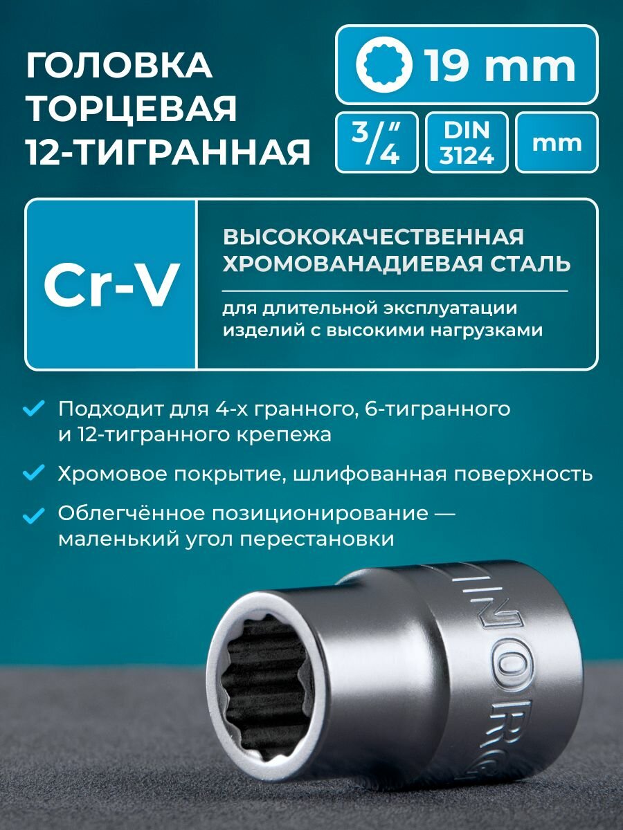 Головка на 19 NORGAU Industrial под квадрат 3/4 12-гранная с шариковой фиксацией, DIN 3124