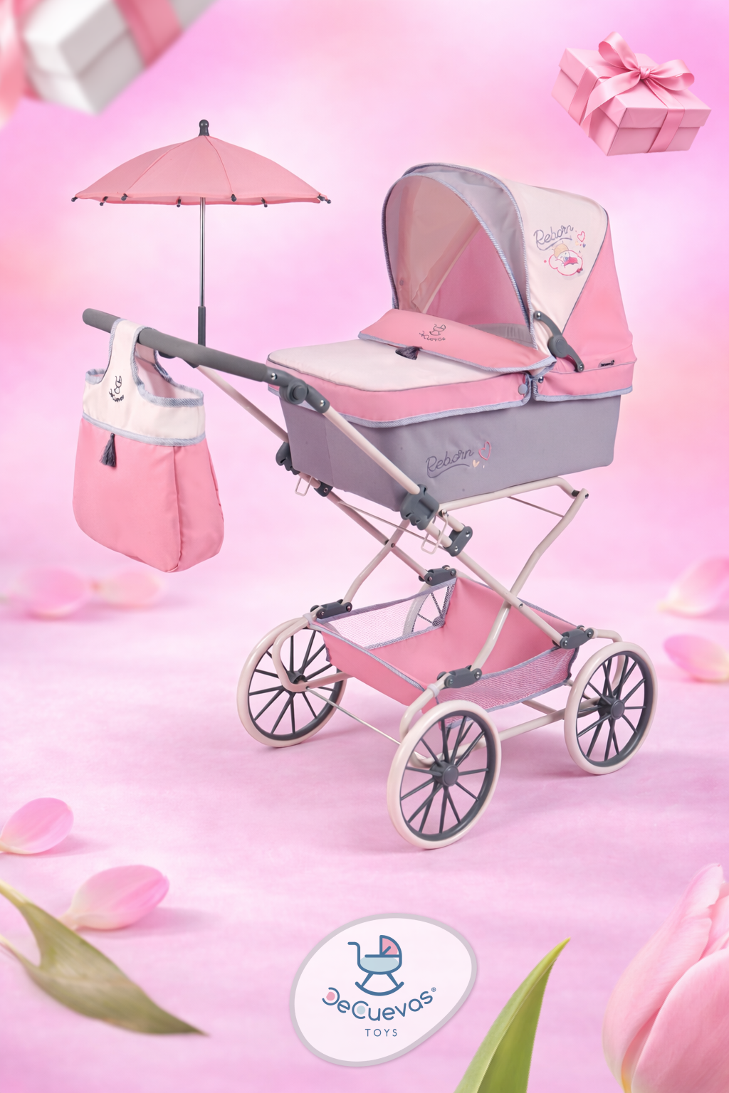 Коляска для кукол 82086 DeCuevas Toys люлька Реборн с сумкой и зонтом, высота ручки 90 см, серия «Фанни»