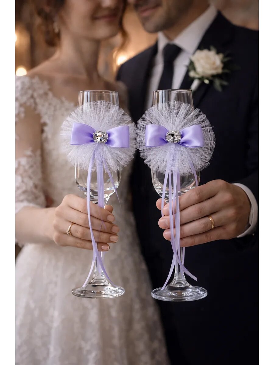 Украшение на бокалы свадебные набор 2 шт, бантики на фужеры молодоженов для свадьбы на стол жениха и невесты