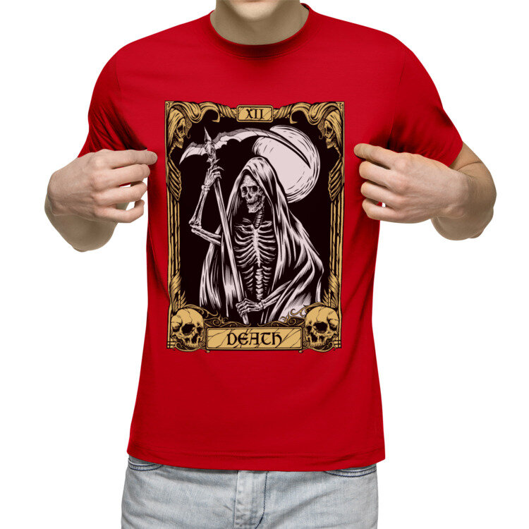 Мужская футболка «Карта таро Смерть с косой, скелет, эзотерика, гадание» (красный, L)
