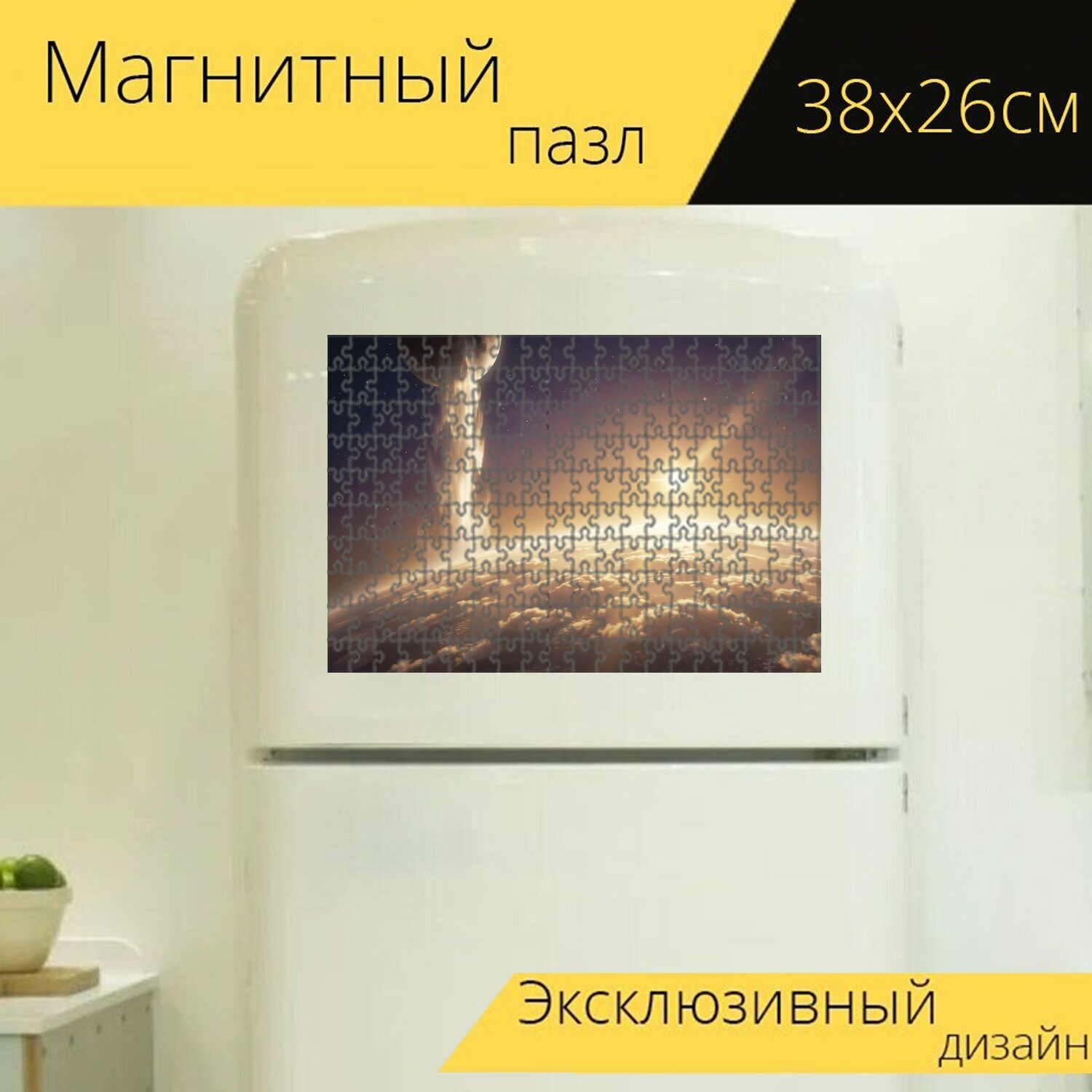 Магнитный пазл "Космический рассвет над планетой. Фантастическая сцена в открытом космосе: сияющее светило над облачной поверхностью, звездное небо, темная." для интерьера, 38х26 см.