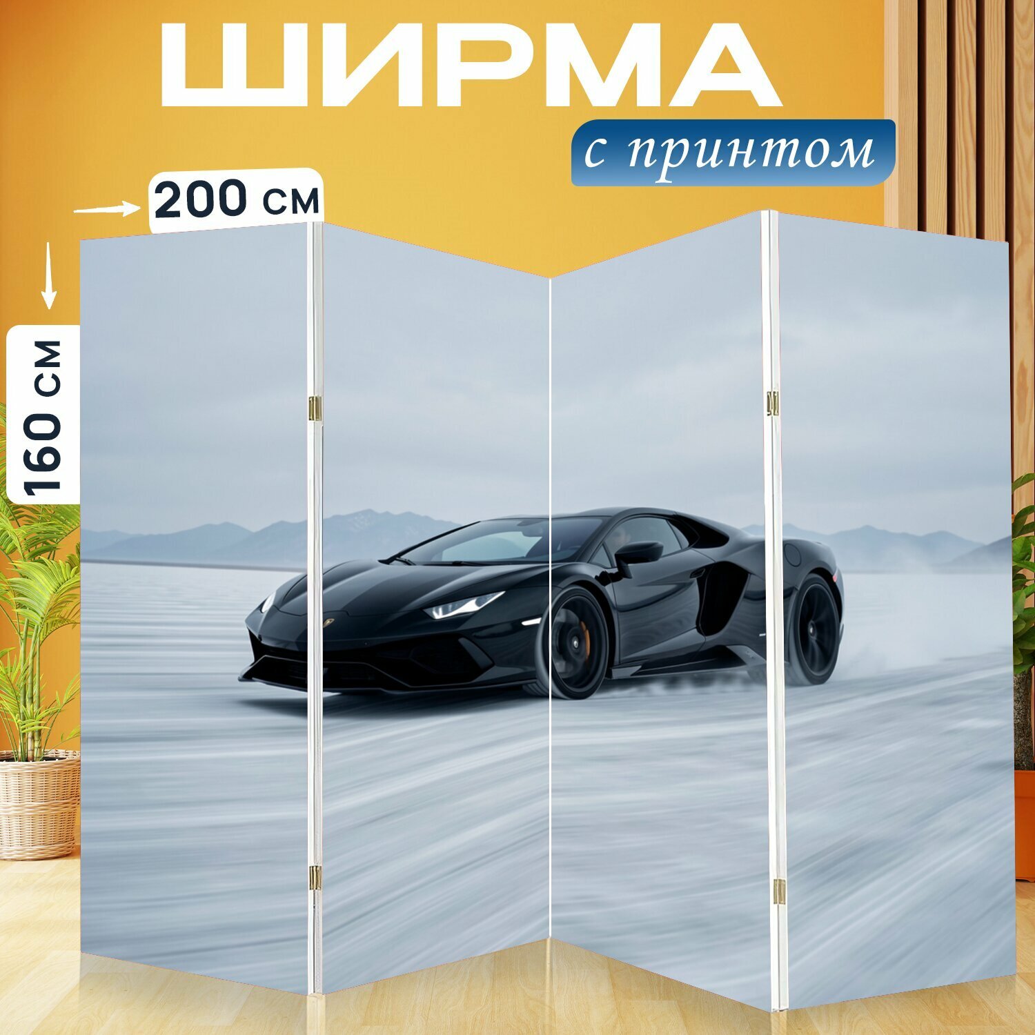 Ширма "Черный суперкар на солончаке. Скоростной спортивный автомобиль мчится по белой соляной равнине на фоне." перегородка для зонирования комнаты с принтом 200x160 см. на холсте