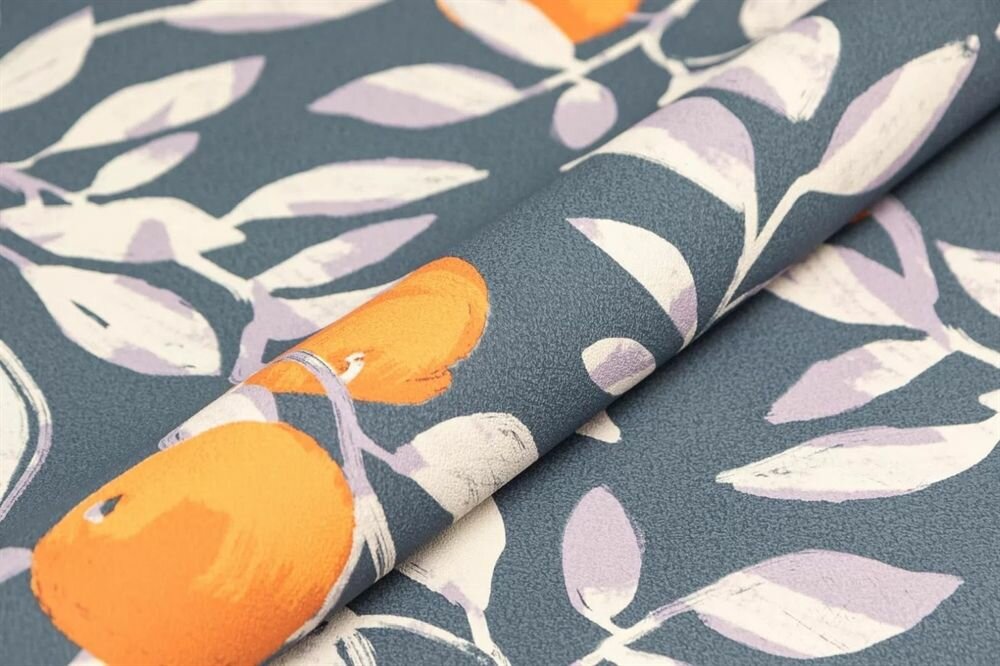 KM8503 Обои виниловые Шафран мотив синий, апельсины. Цена за 1/рулон