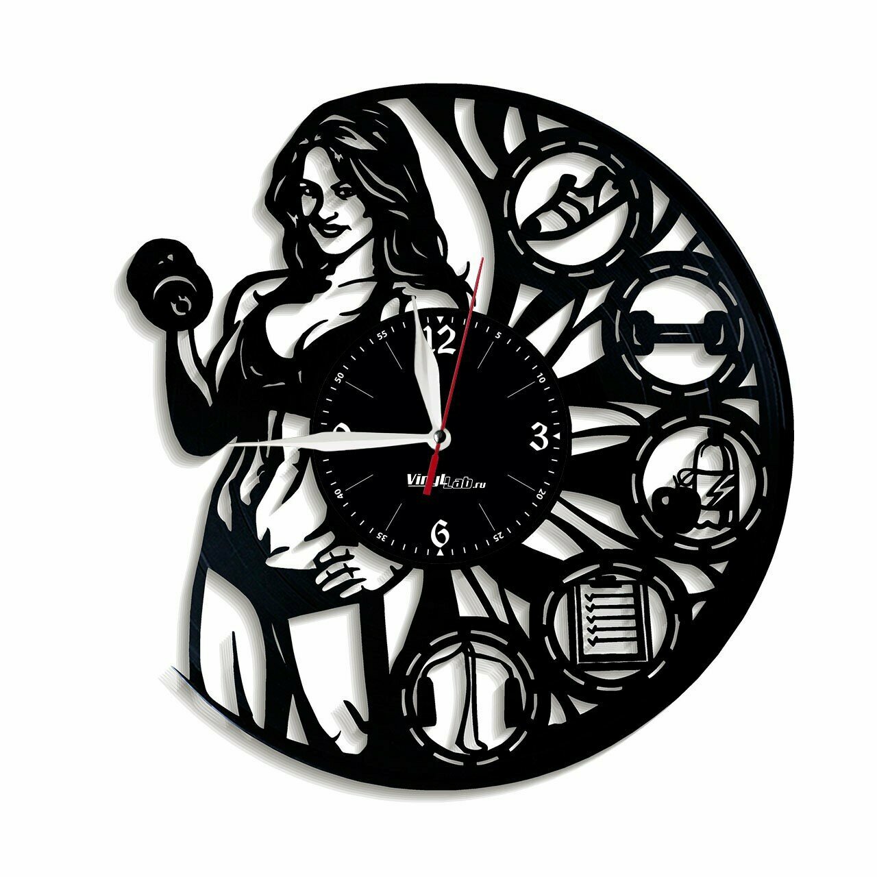 Часы из виниловой пластинки (c) VinylLab Fitness, диаметр 30 см