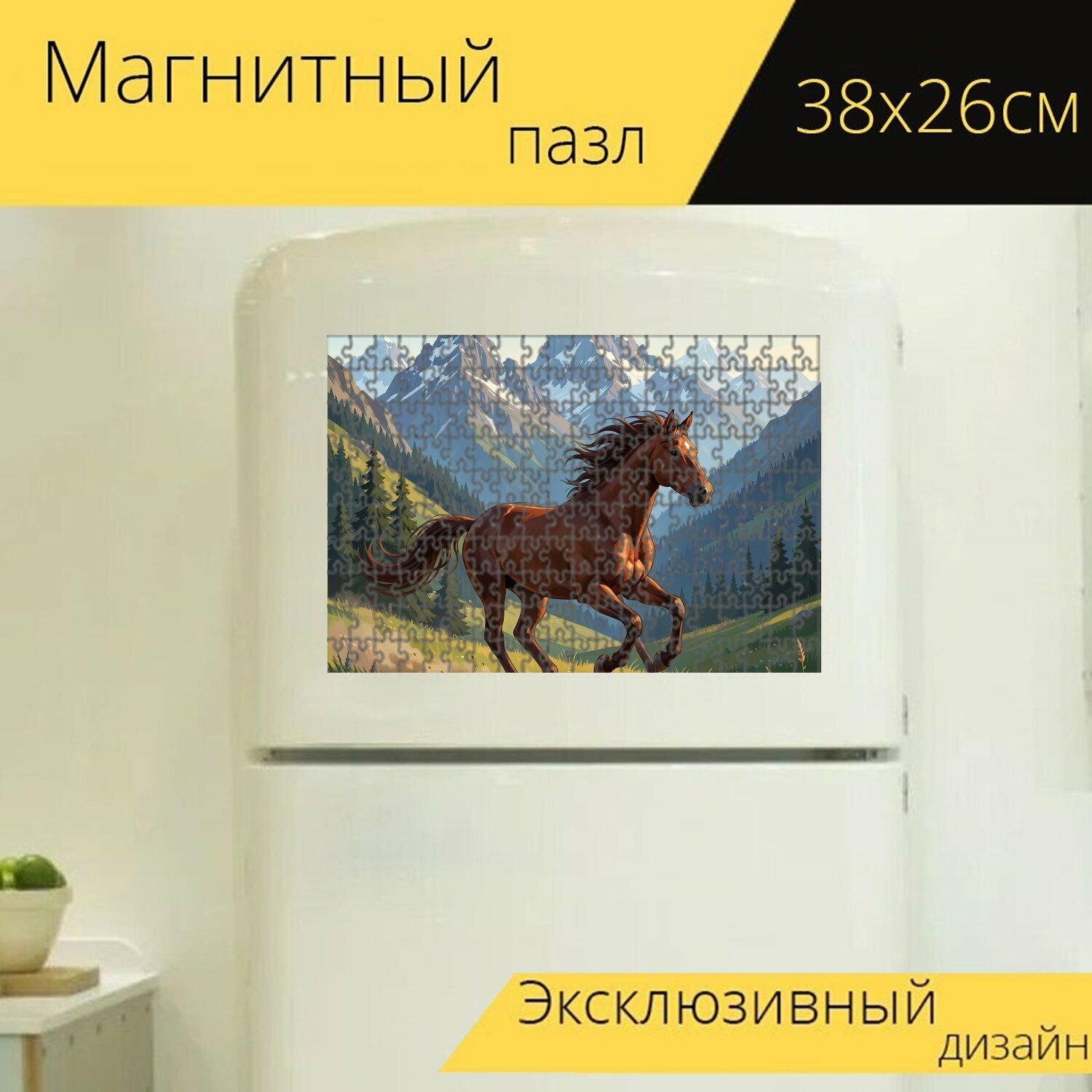 Магнитный пазл "Галопирующая лошадь в горах. Рыжий скакун мчится по альпийскому лугу на фоне заснеженных вершин и хвойного леса. Живописная цифровая." для интерьера, 38х26 см.