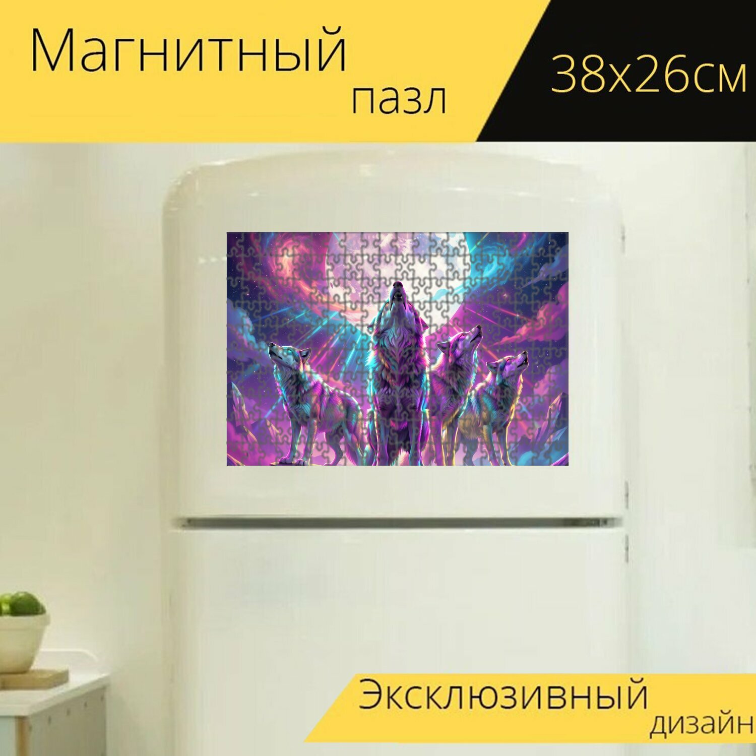 Магнитный пазл "Четыре волка под полной луной. Фантастическая стая воющих хищников на скалах на фоне гигантского лунного диска, звездного космоса и." для интерьера, 38х26 см.