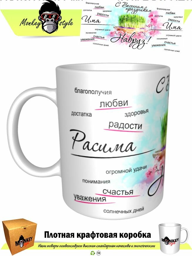 Кружка принтом «Расима. С весенним праздником Навруз!», 330 мл, белая кружка Премиум качества, авторский принт