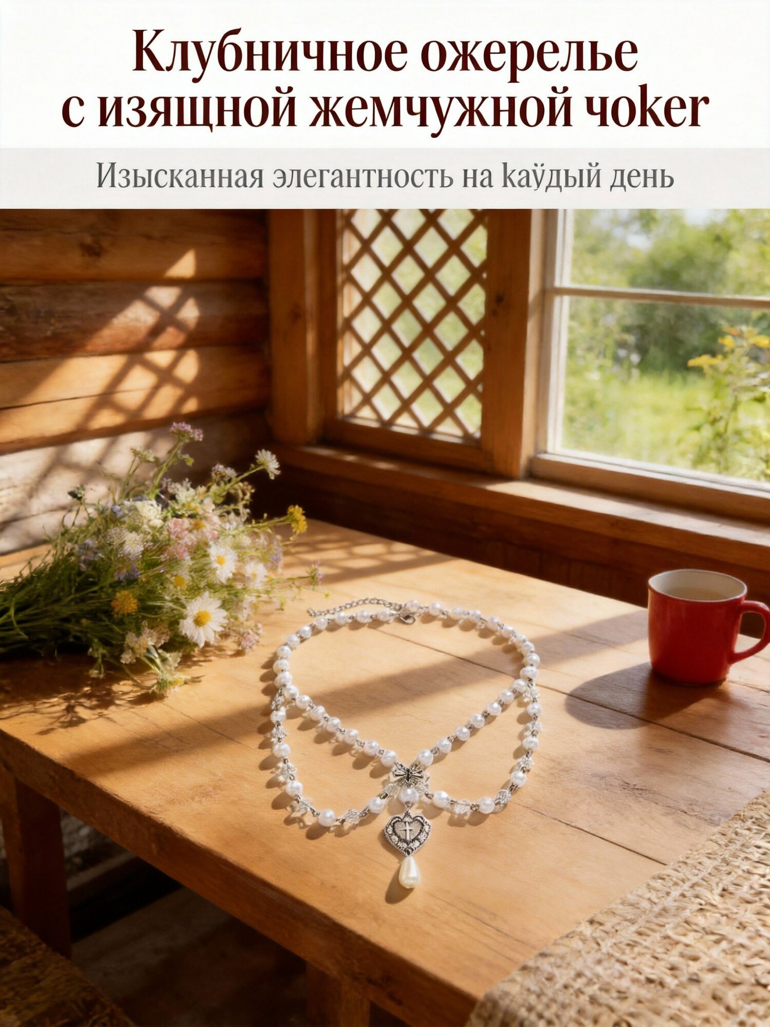 Клубничное ожерелье с имитацией жемчуга, чокер с бабочкой из сплава и акриловыми элементами 40+7 см