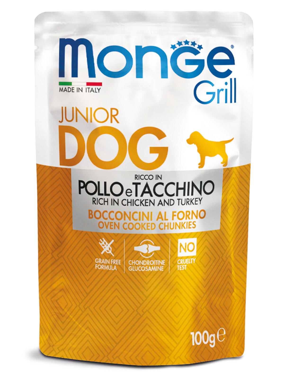 Влажный корм Monge Dog Grill Puppy&Junior для щенков с курицей и индейкой, паучи 100 г