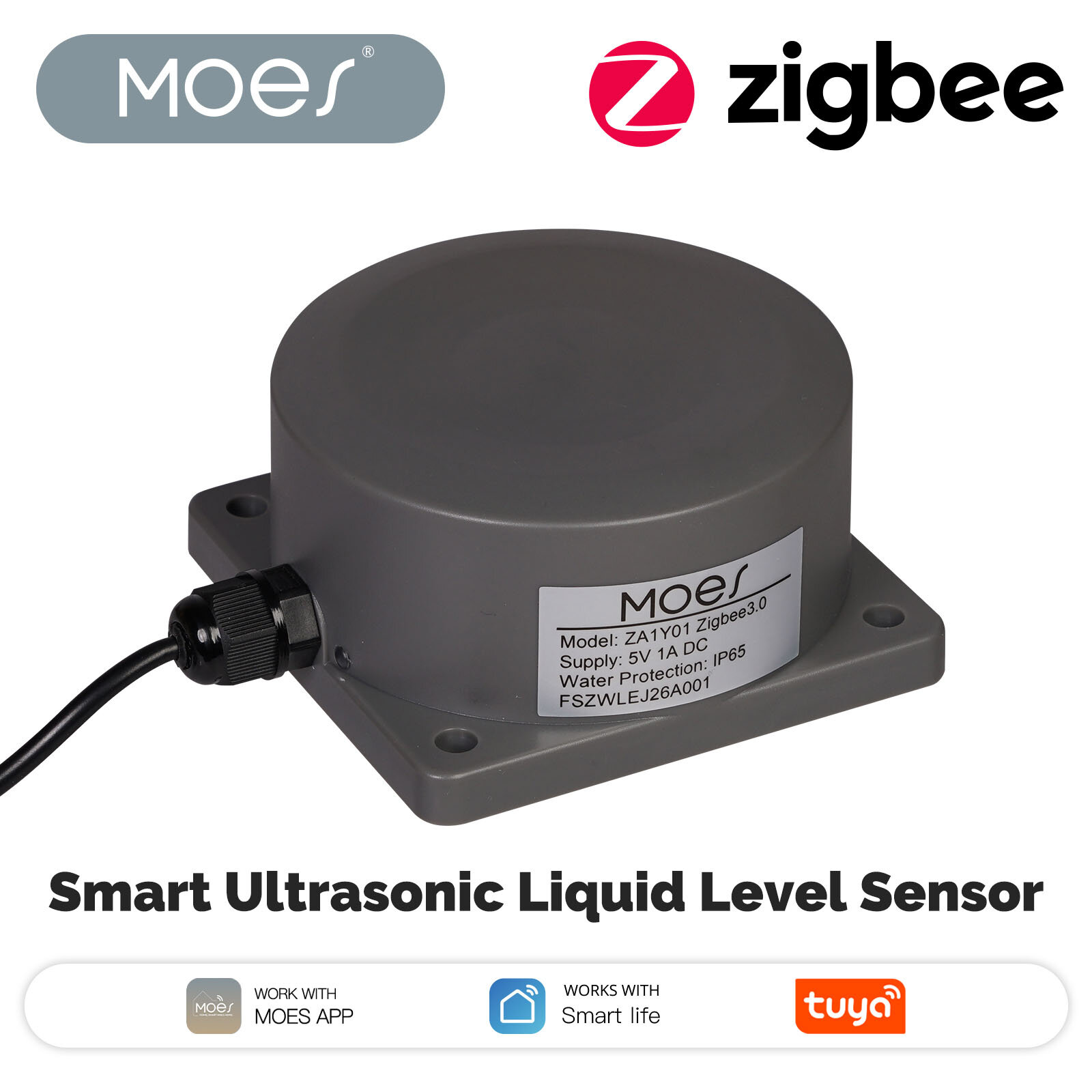Ультразвуковой датчик уровня воды с ZigBee 3.0, серый, диапазон 0-5 м, точность 0,02 м, IP65, питание 110-240 В
