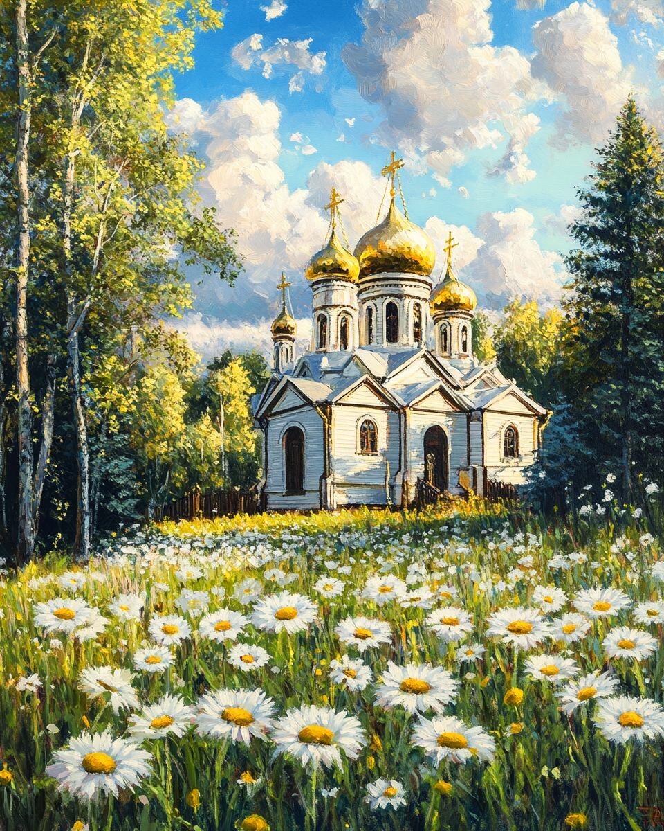 Картина по номерам на холсте 40*50 см "Церковь в поле ромашек"