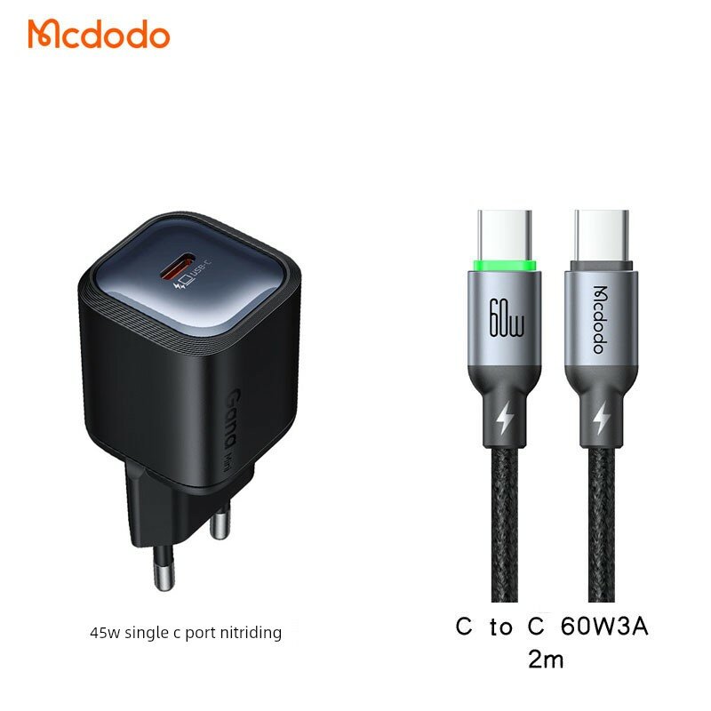 45W Одноканальная USB-C GaN Зарядка с Европейской Вилкой и Прямым Кабелем 60W, Черный