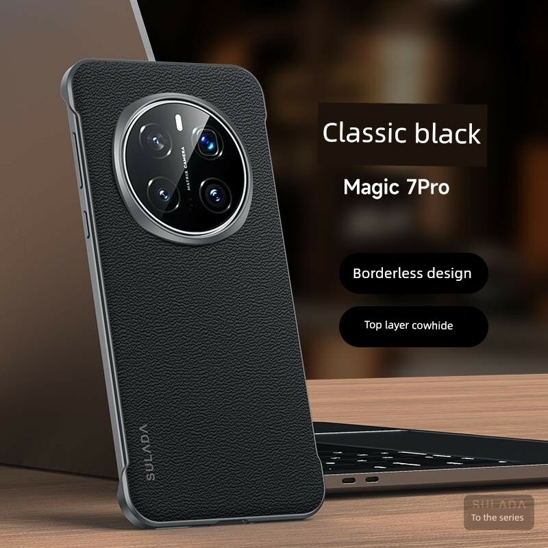 Кожаный чехол для Honor Magic 7 Pro узкий дизайн классический черный большие отверстия