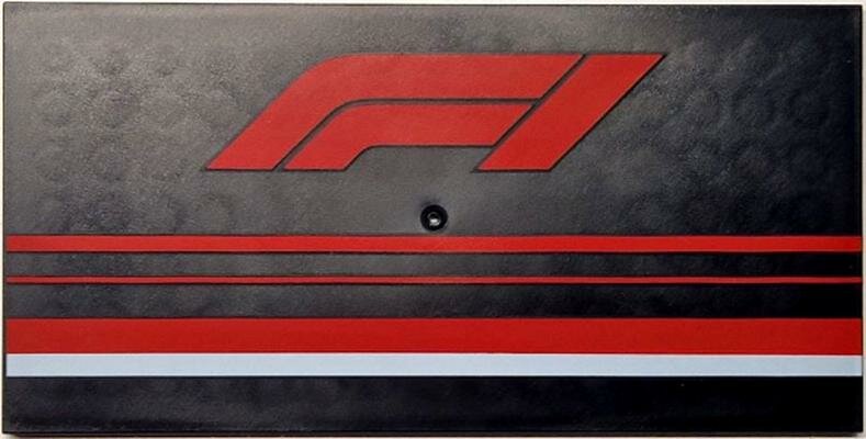 Деталь Lego 90498pb53 Tile 8 x 16 with Bottom Tubes, Textured Surface with Formula 1 Logo Stylized 'F1', Red and White Stripes Pattern