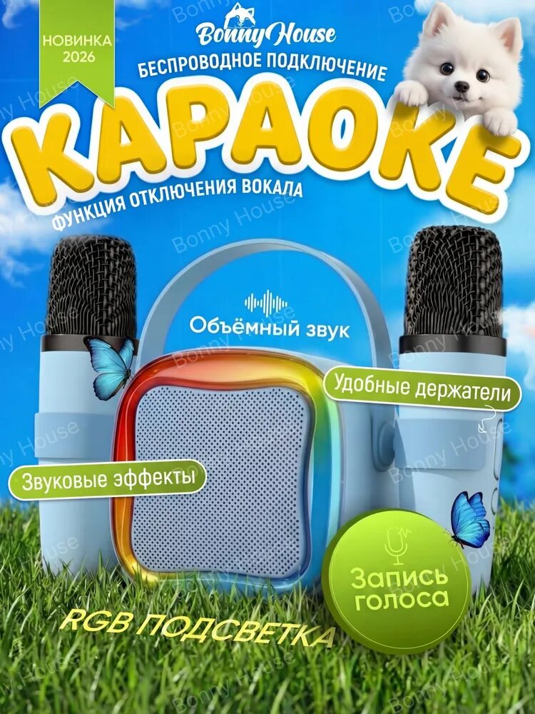 Детская караоке система с двумя беспроводными микрофонами и колонкой (розовый)
