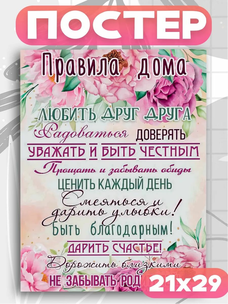 Постер на стену Правила дома , плакат 1шт, А4 размер.