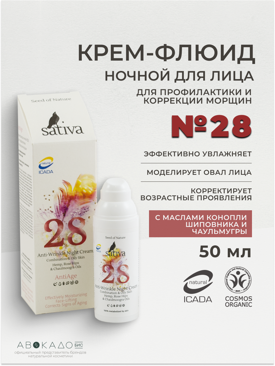 Sativa Крем-флюид №28 ночной для профилактики и коррекции морщин, 50 мл