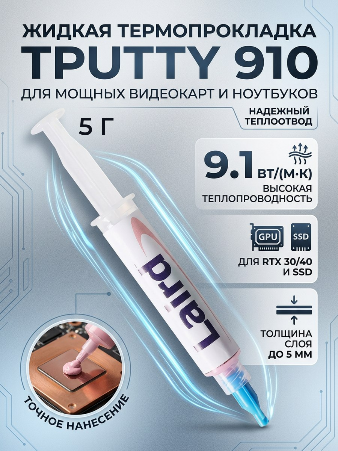 Laird Жидкая термопрокладка Tputty 910, термопаста для процессора и видеокарты, ноутбука, CPU и GPU, 5 г