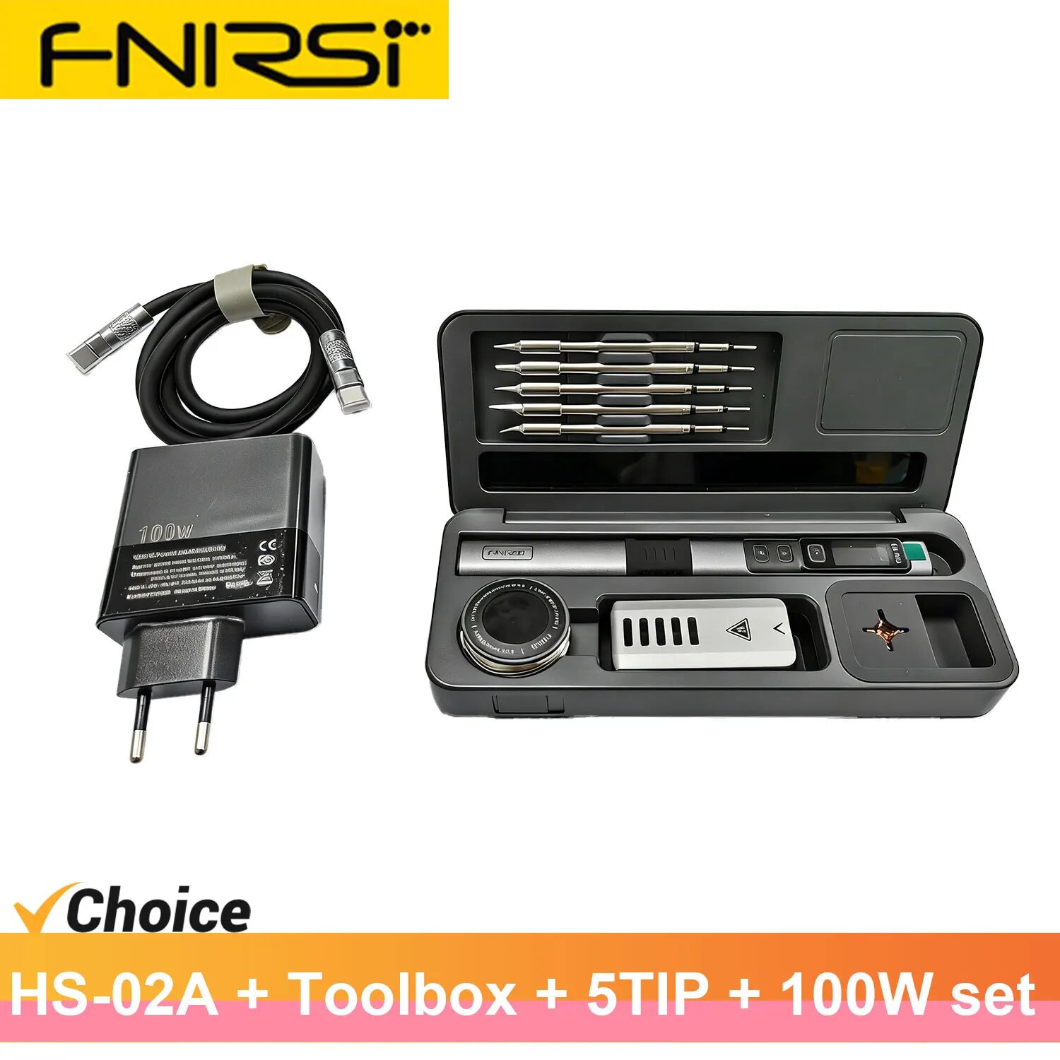FNIRSI HS-02A паяльник с набором инструментов и 100W блоком питания, ЕС