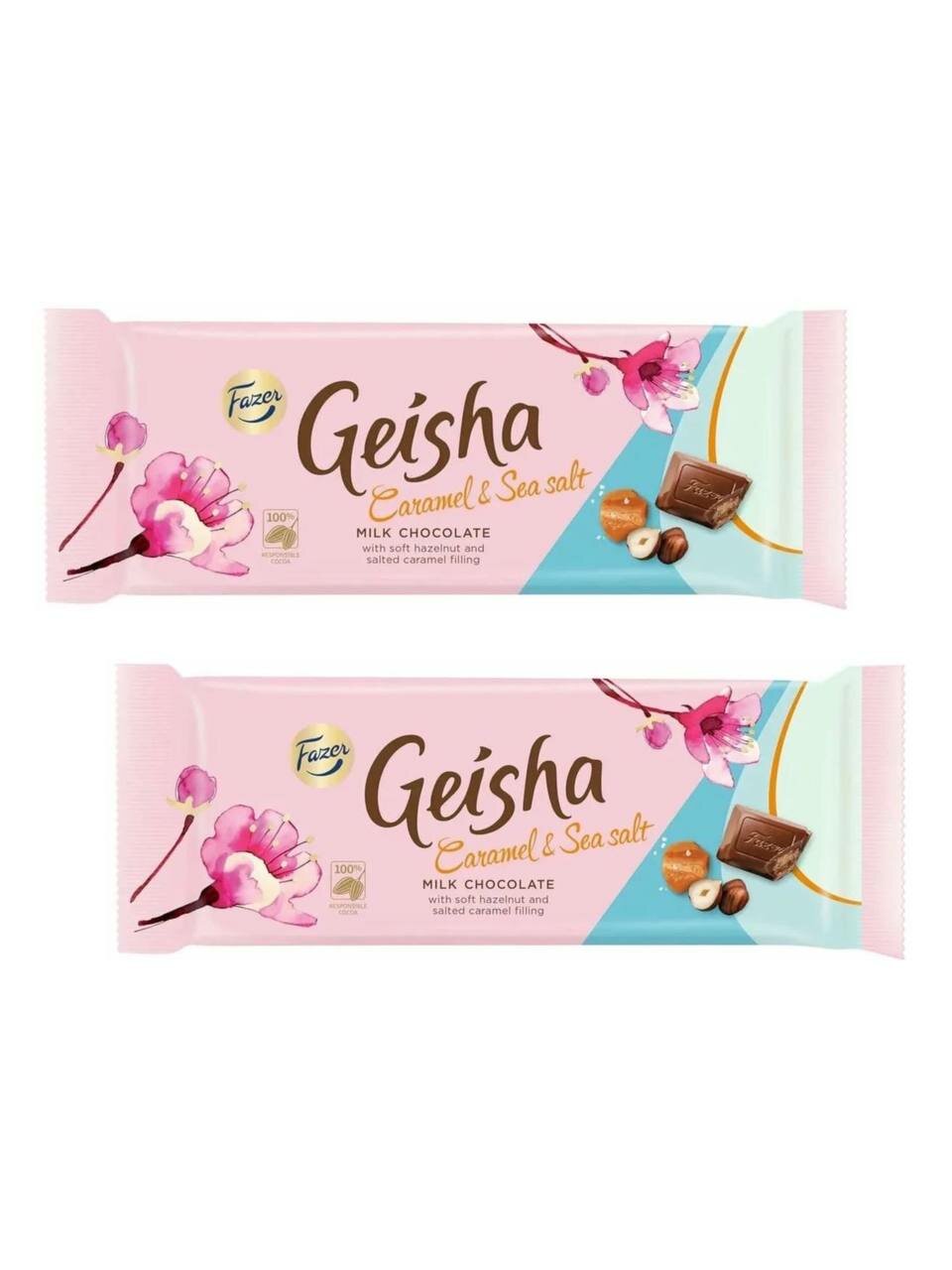 Молочный шоколад с фундуком и соленой карамелью Fazer Geisha Caramel & Sea Salt, комплект 2уп по 100 г. Финляндия