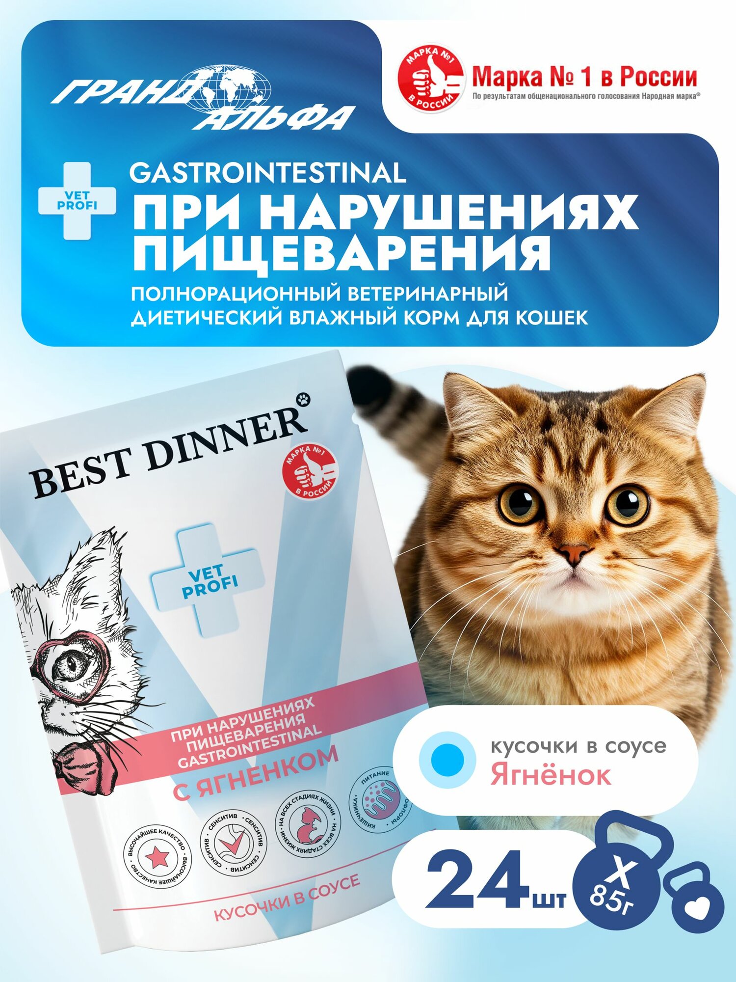 Влажный диетический корм Best Dinner VET PROFI Gastrointestinal для кошек при заболеваниях ЖКТ кусочки в соусе Ягненок, 85 г х 24 шт, пауч (Бест Диннер)