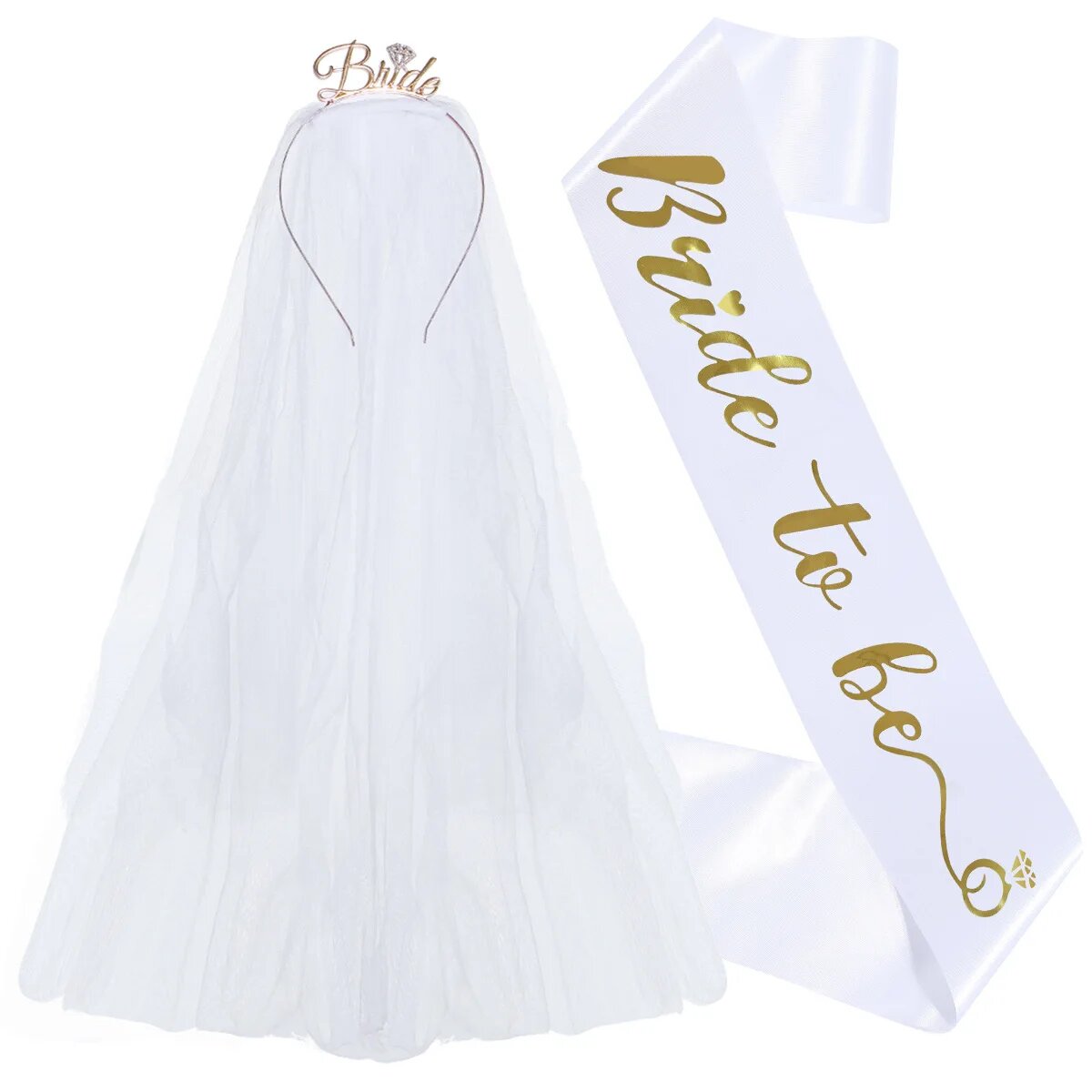 Лента "Bride to be" с вуалью и тиарой, золотистый